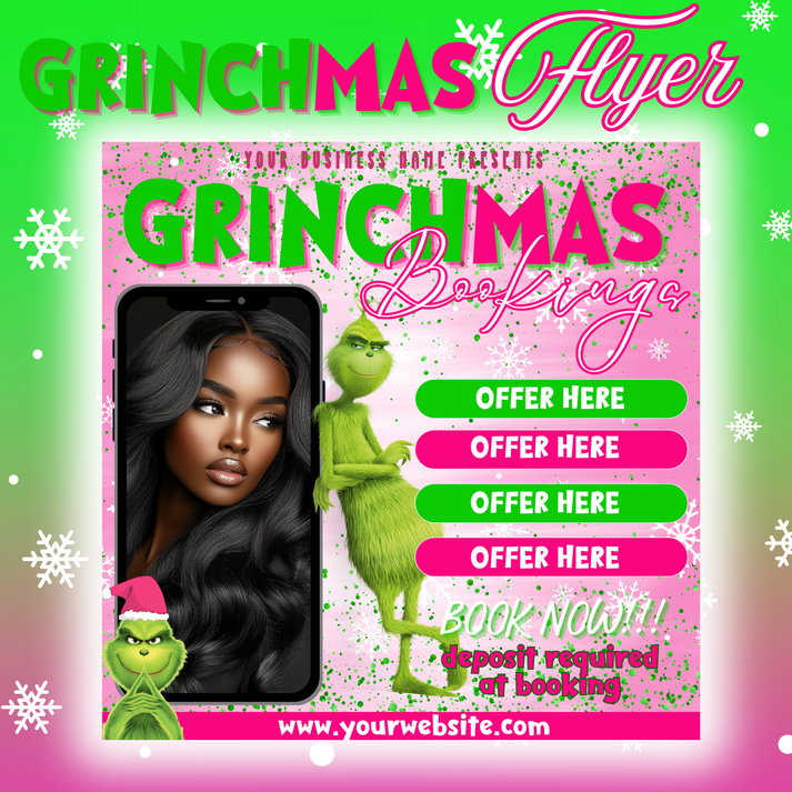 Grinchmas Booking Template - Editable Holiday Flyer for Promotions ...